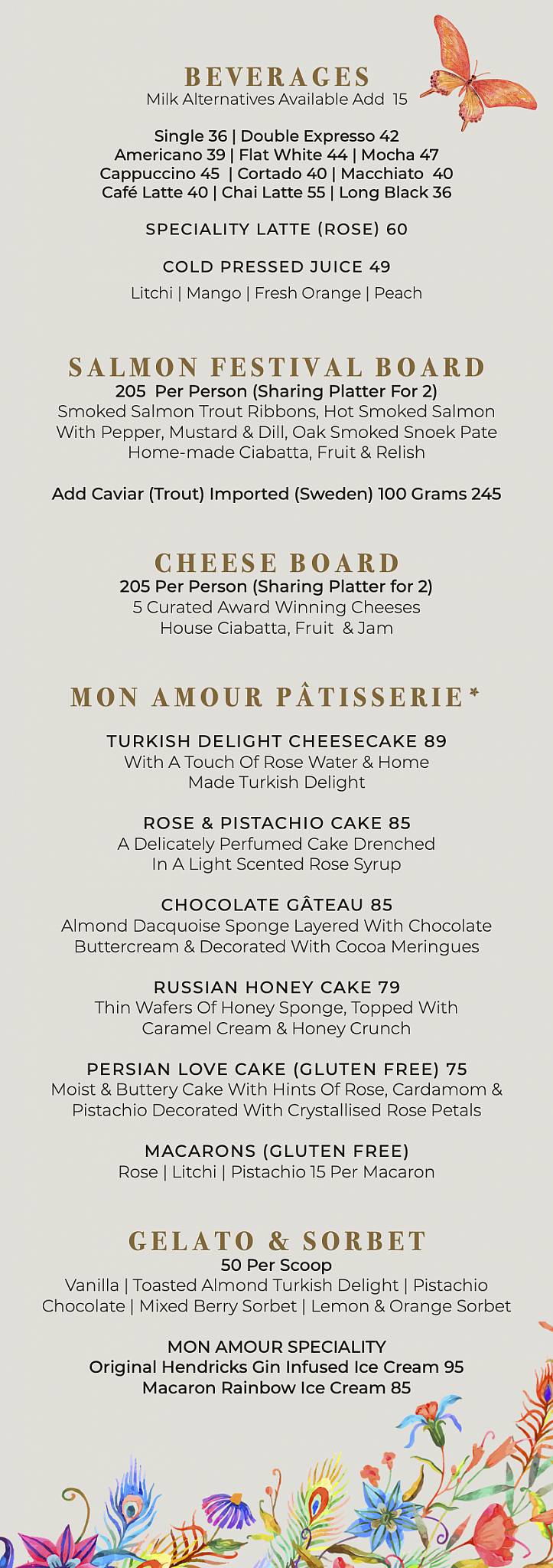 Menu at Mon Amour restaurant, Franschhoek