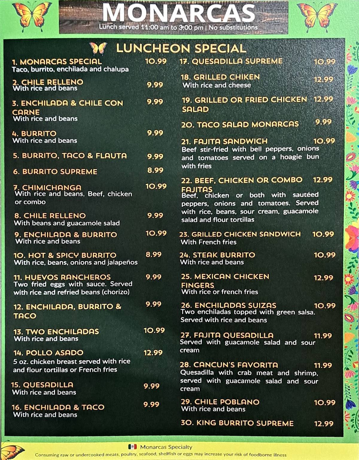 Menu at Monarcas restaurant, Brundidge