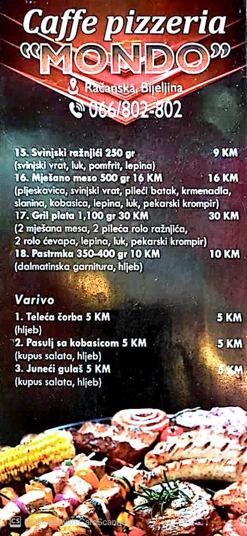 Menu at Mondo restaurant, Bijeljina