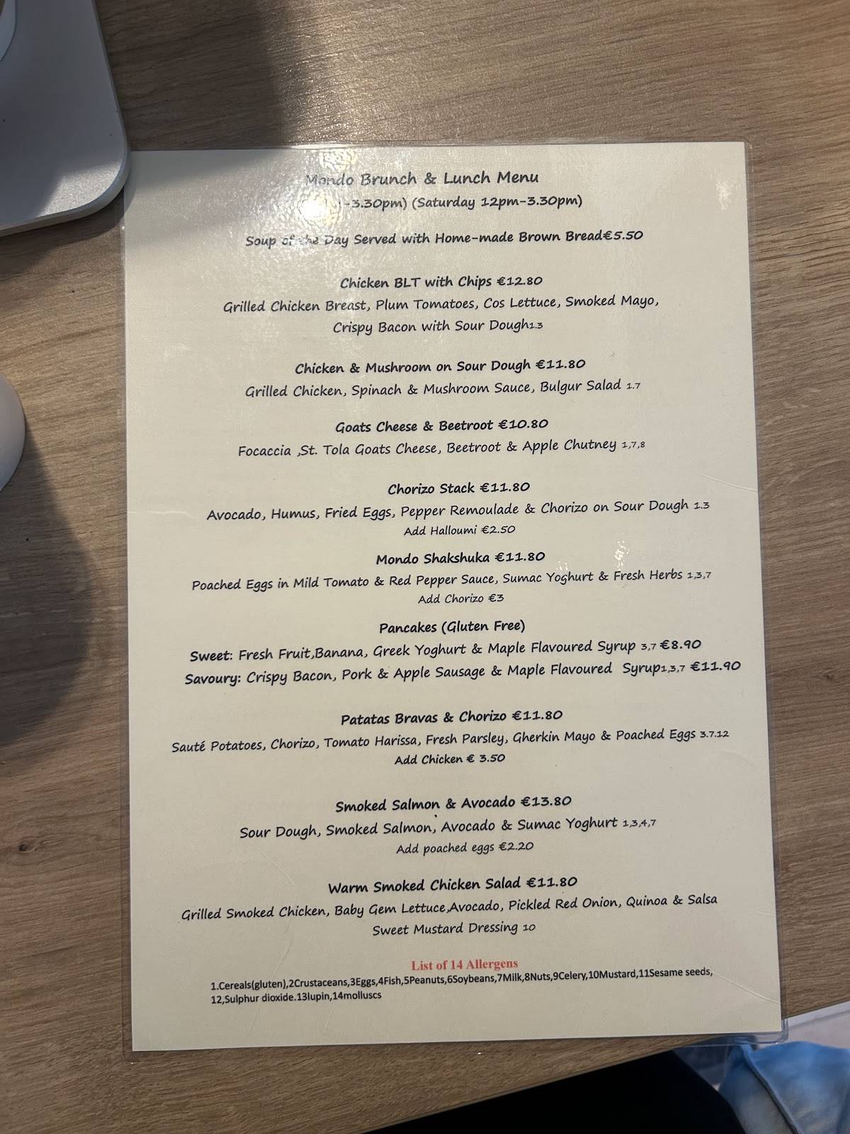 Menu at Mondo cafe, Ennis