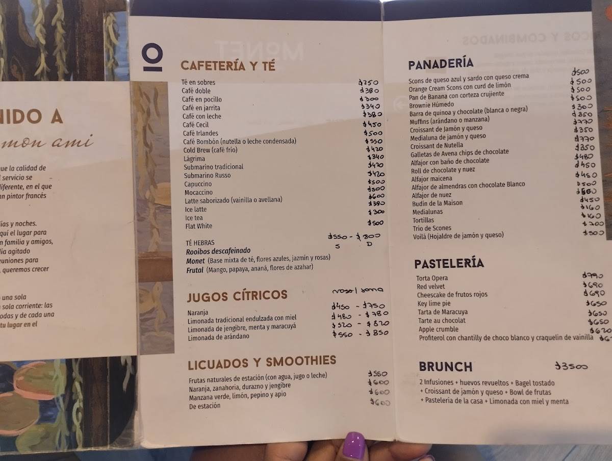 Menu at Monet cafeteria, Yerba Buena