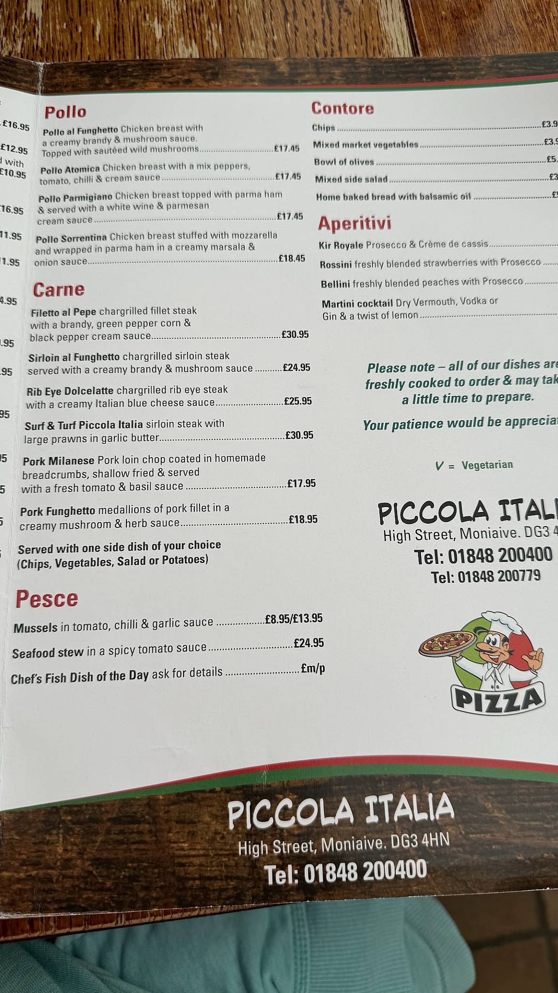 Menu at Piccola Italia restaurant, Moniaive