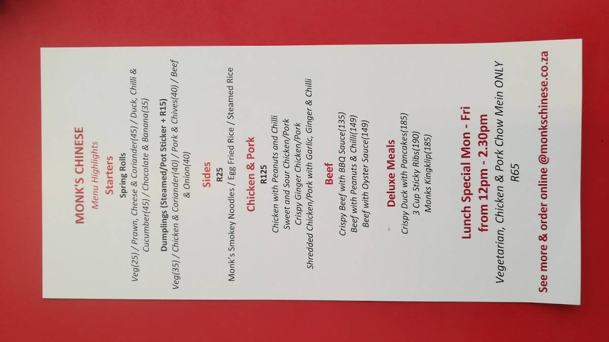 Menu at Monks Chinese restaurant, Cape Town, 33 Loop St