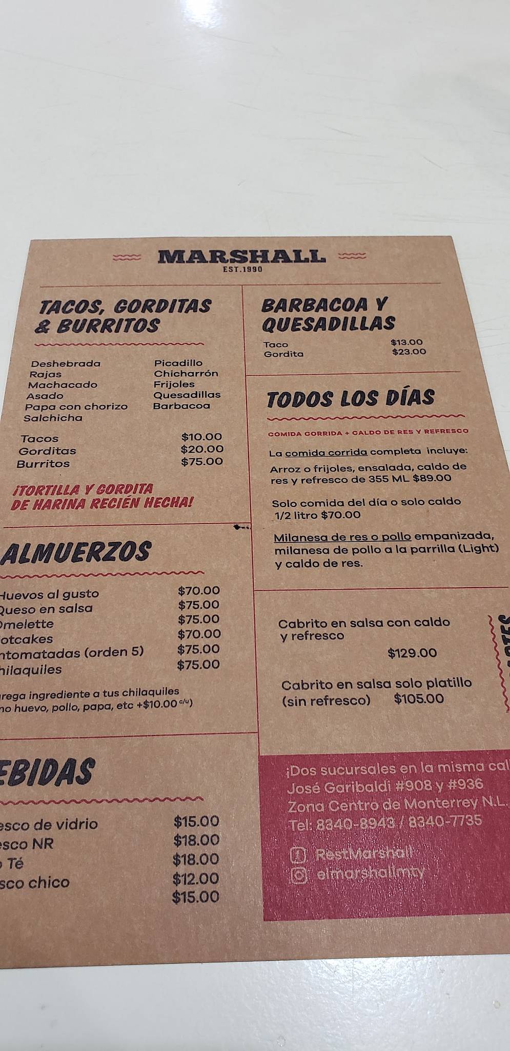 Carta del restaurante El Marshall, Monterrey