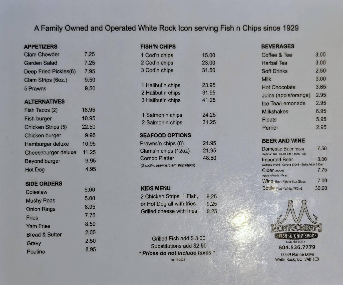 Menu at Montgomery's Cottage Lunch restaurant, White Rock