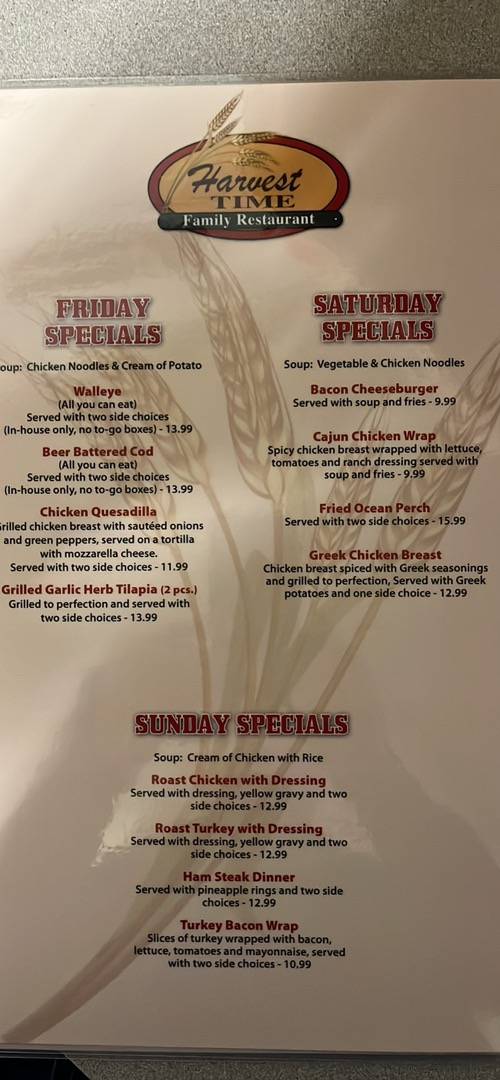 Menu at Harvest Time Family Restaurant, Monticello