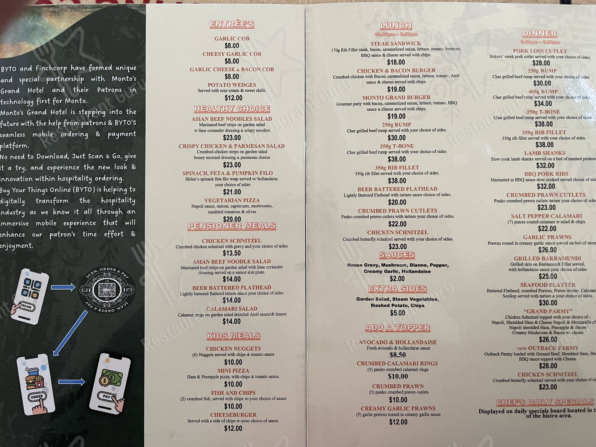 Menu at Monto's Grand Hotel pub & bar, Monto