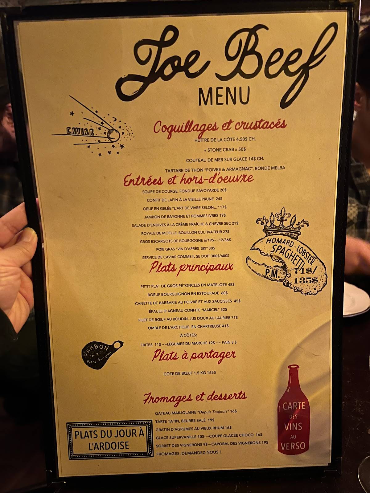Menu at Joe Beef steakhouse, Montréal