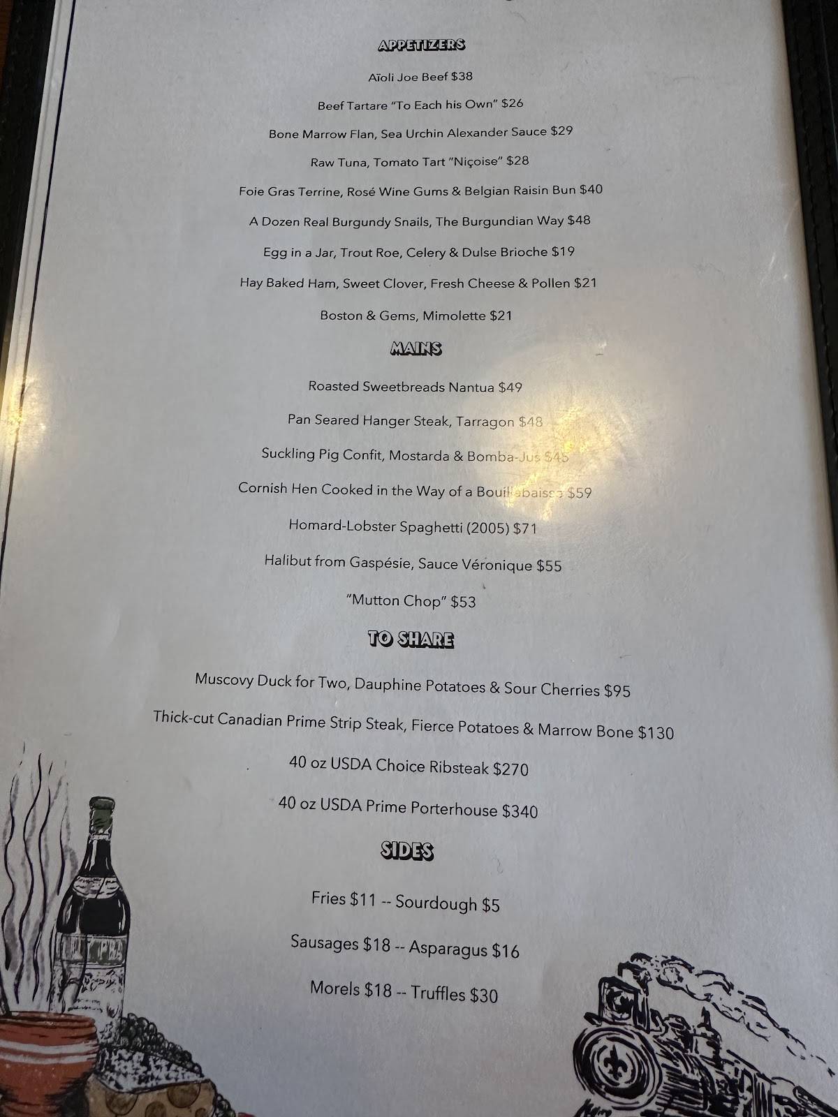 Menu au Joe Beef restaurant à viande, Montréal