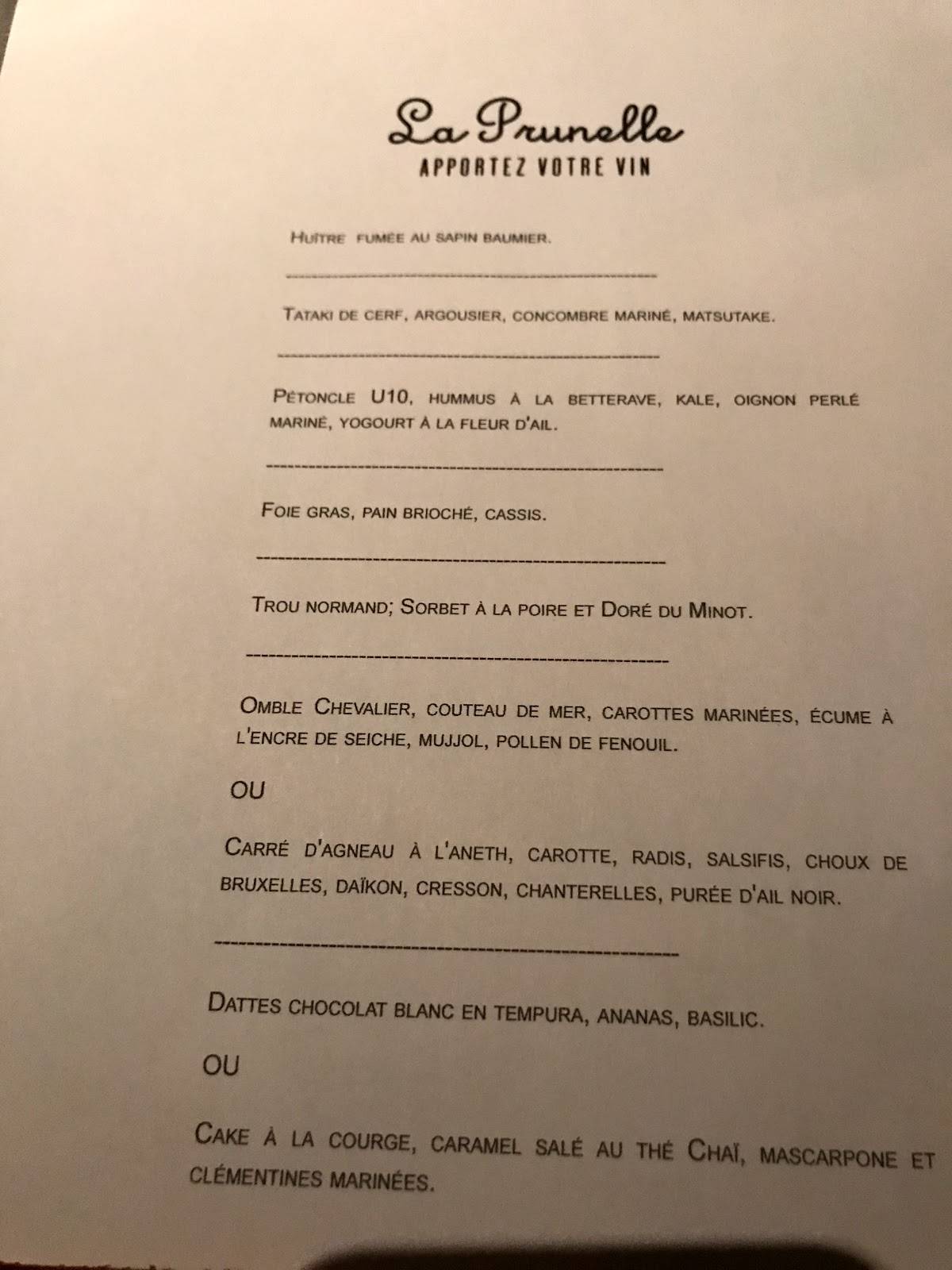 Menu au La Prunelle restaurant, Montréal