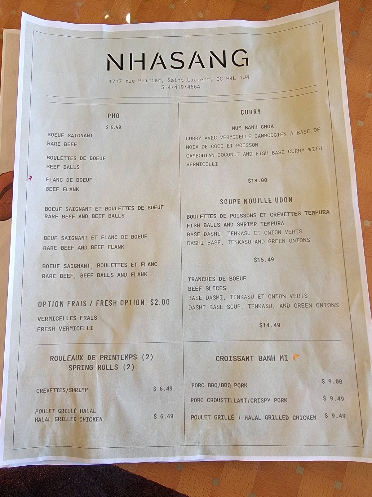 Menu at NHASANG restaurant, Montréal