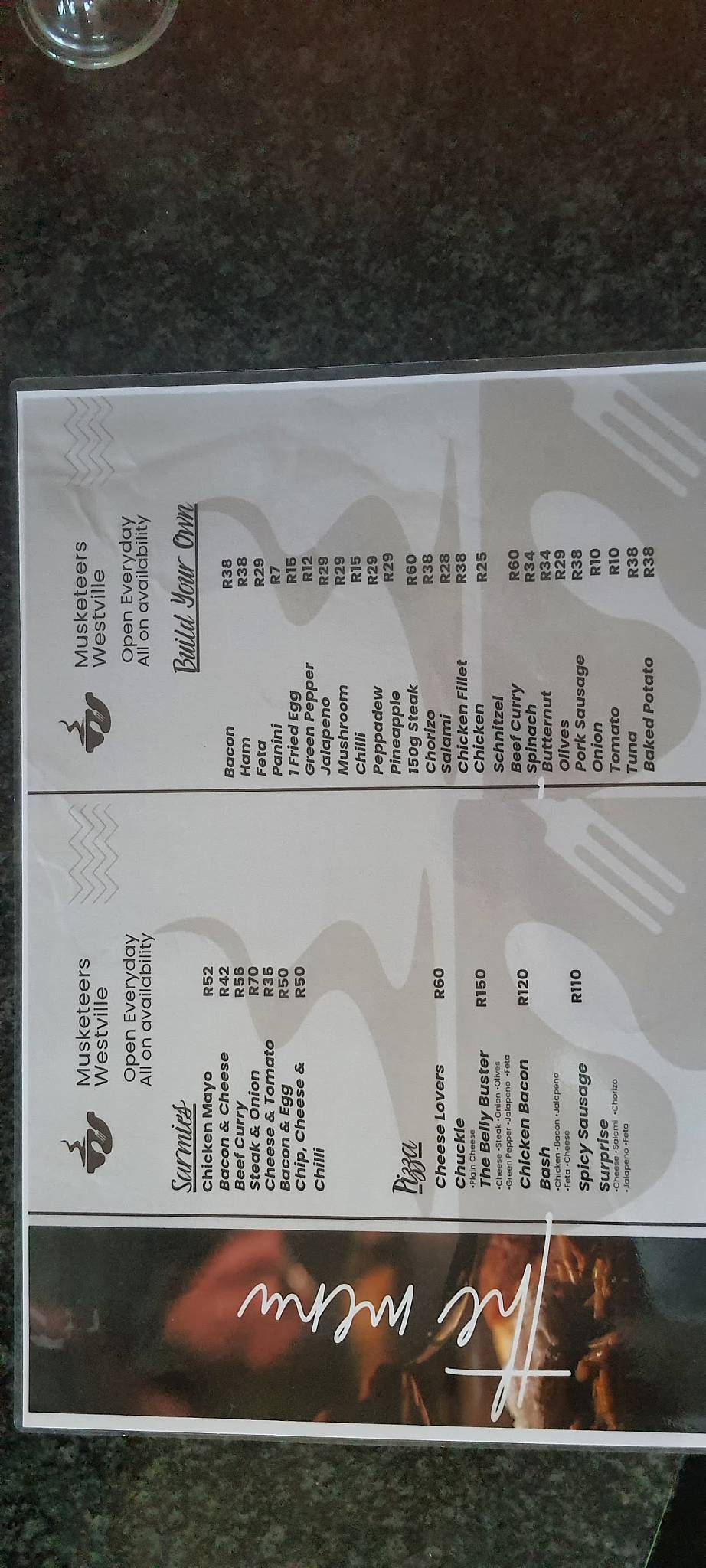 Menu at Moonshadow at the German Club, Westville