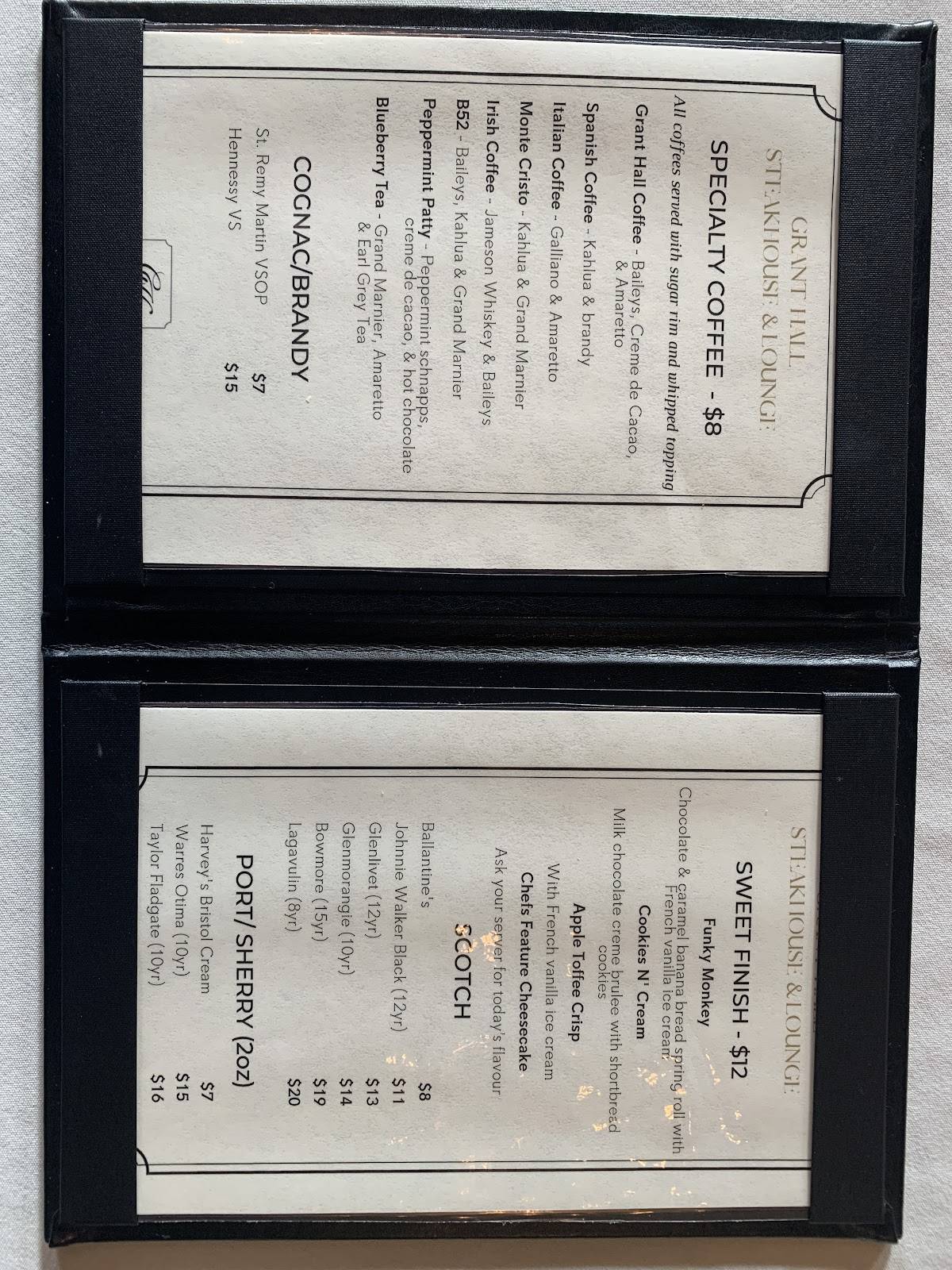 Menu at Grant Hall Dining Room & Lounge restaurant, Moose Jaw