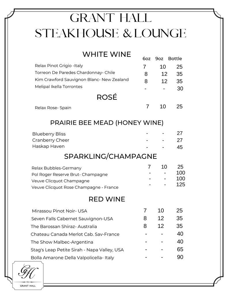 Menu at Grant Hall Dining Room & Lounge restaurant, Moose Jaw