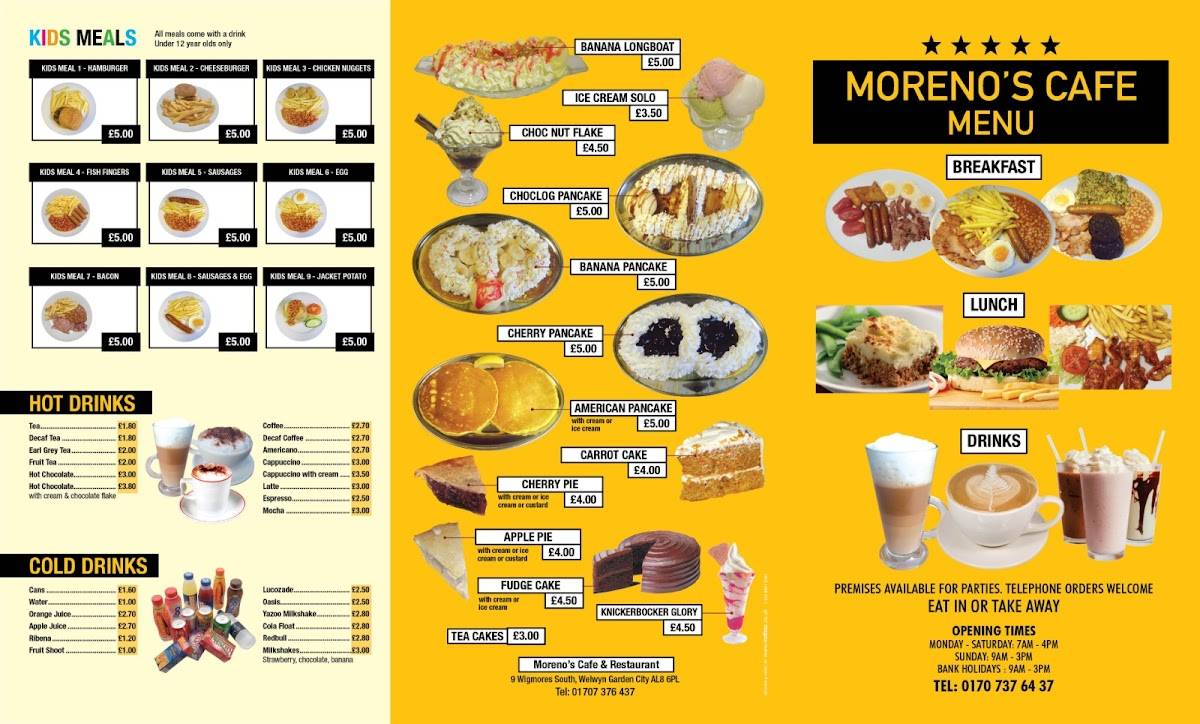 Menu at Moreno's Cafe, Welwyn Garden City