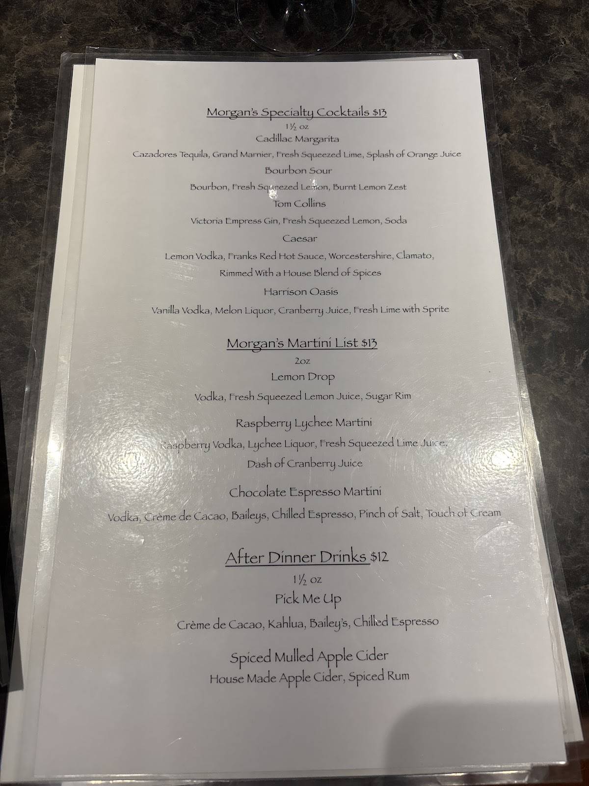 Menu at Morgan's Bistro steakhouse, Harrison Hot Springs