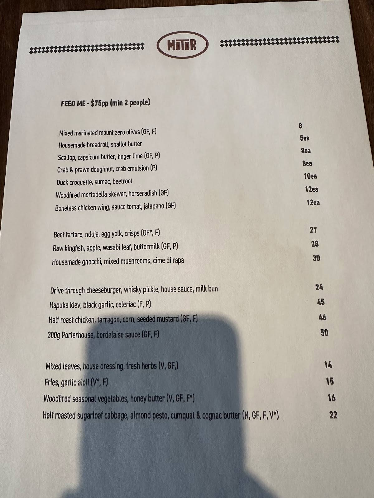 Menu at Motor pub & bar, Hawthorn