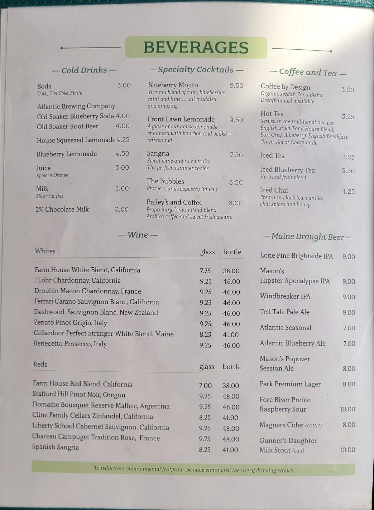 Menu at Jordan Pond House Restaurant, Mount Desert, Park Loop Rd