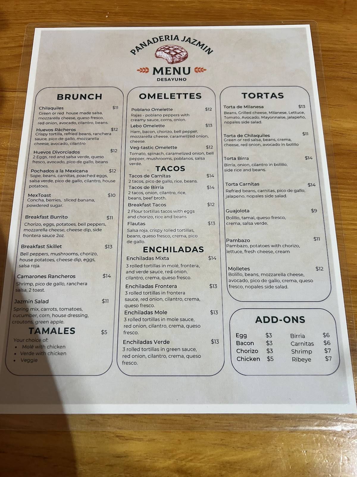 Menu at Panaderia Jazmin, Pittsburgh