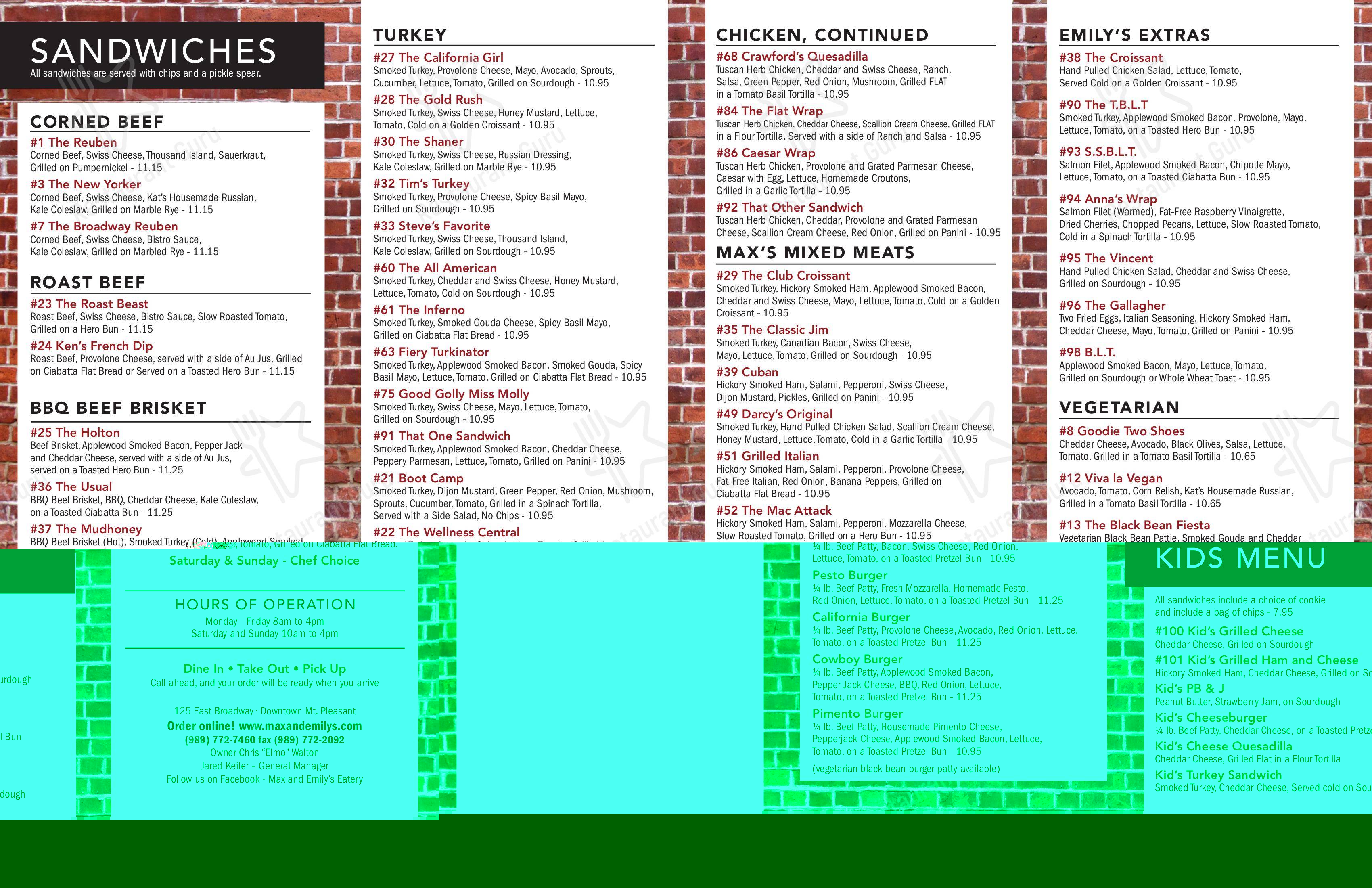 Menu at Max & Emily's Bakery Cafe, Mount Pleasant