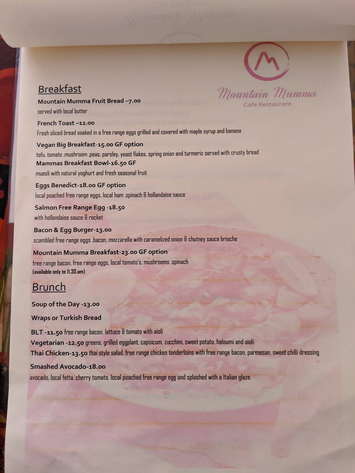 Menu at Mountain Mumma restaurant, Sheffield