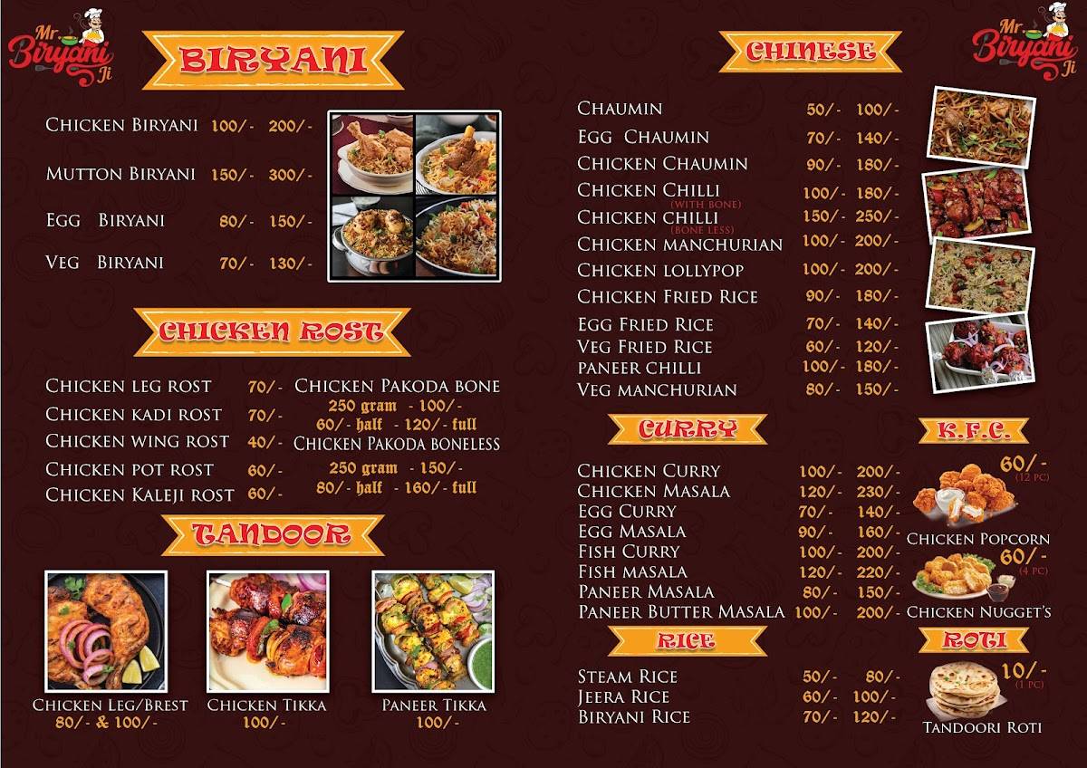 Menu at Mr. Biryani Ji, Kawardha
