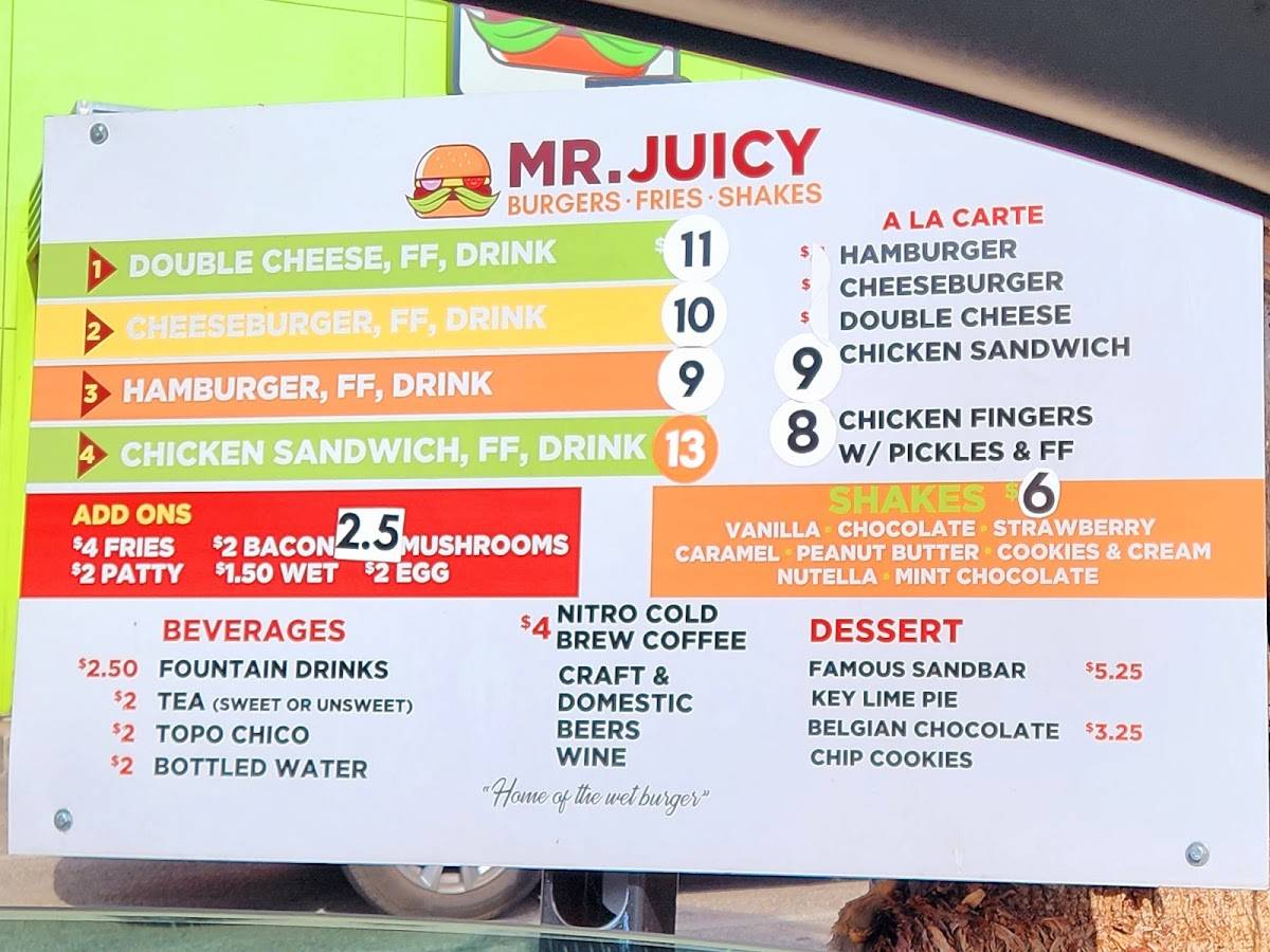 Menu at Mr Juicy restaurant, San Antonio