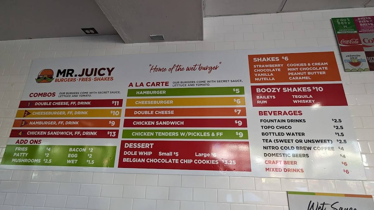 Menu at Mr Juicy restaurant, San Antonio
