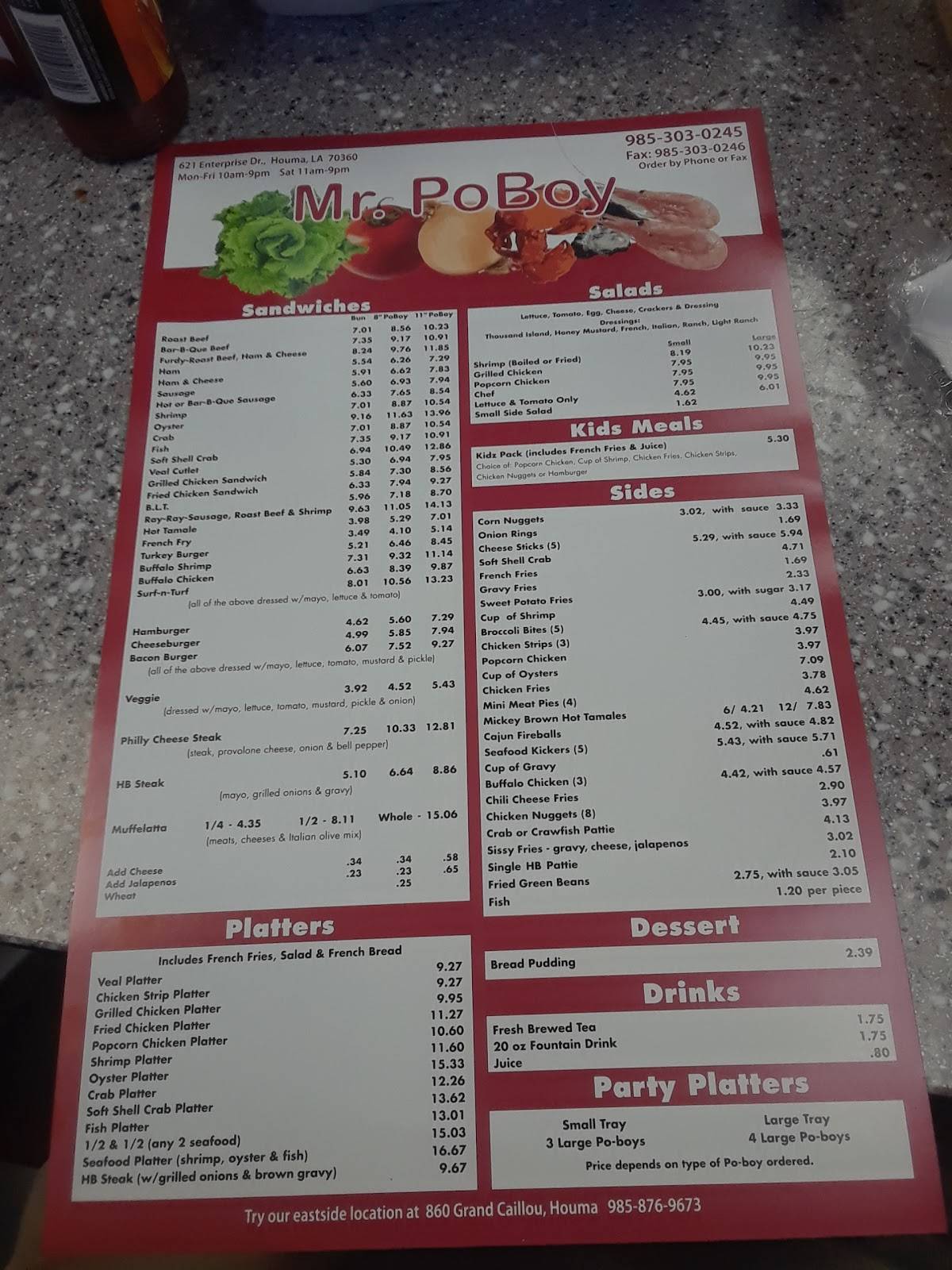 Menu at Mr. Po-Boy - West Side restaurant, Houma, 621 Enterprise Dr