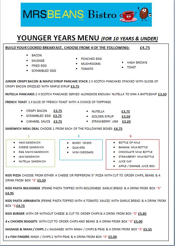 Menu at Mrs Beans Bistro restaurant, Attleborough