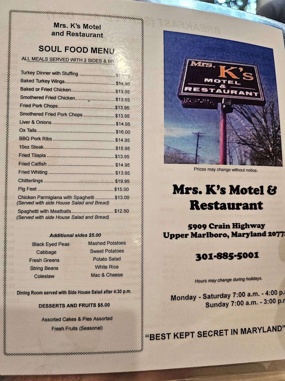Menu at Mrs. K's Restaurant, Upper Marlboro