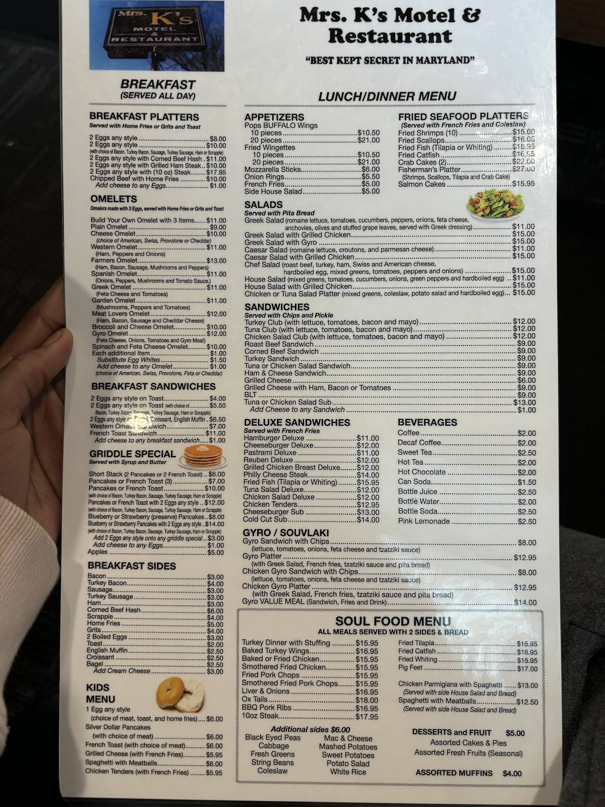 Menu at Mrs. K's Restaurant, Upper Marlboro
