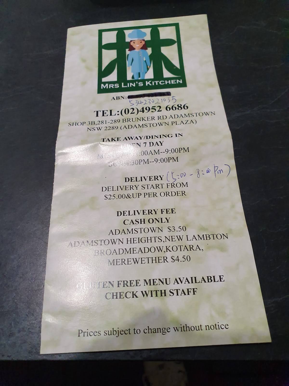 Menu at Mrs Lin's Kitchen restaurant, Adamstown