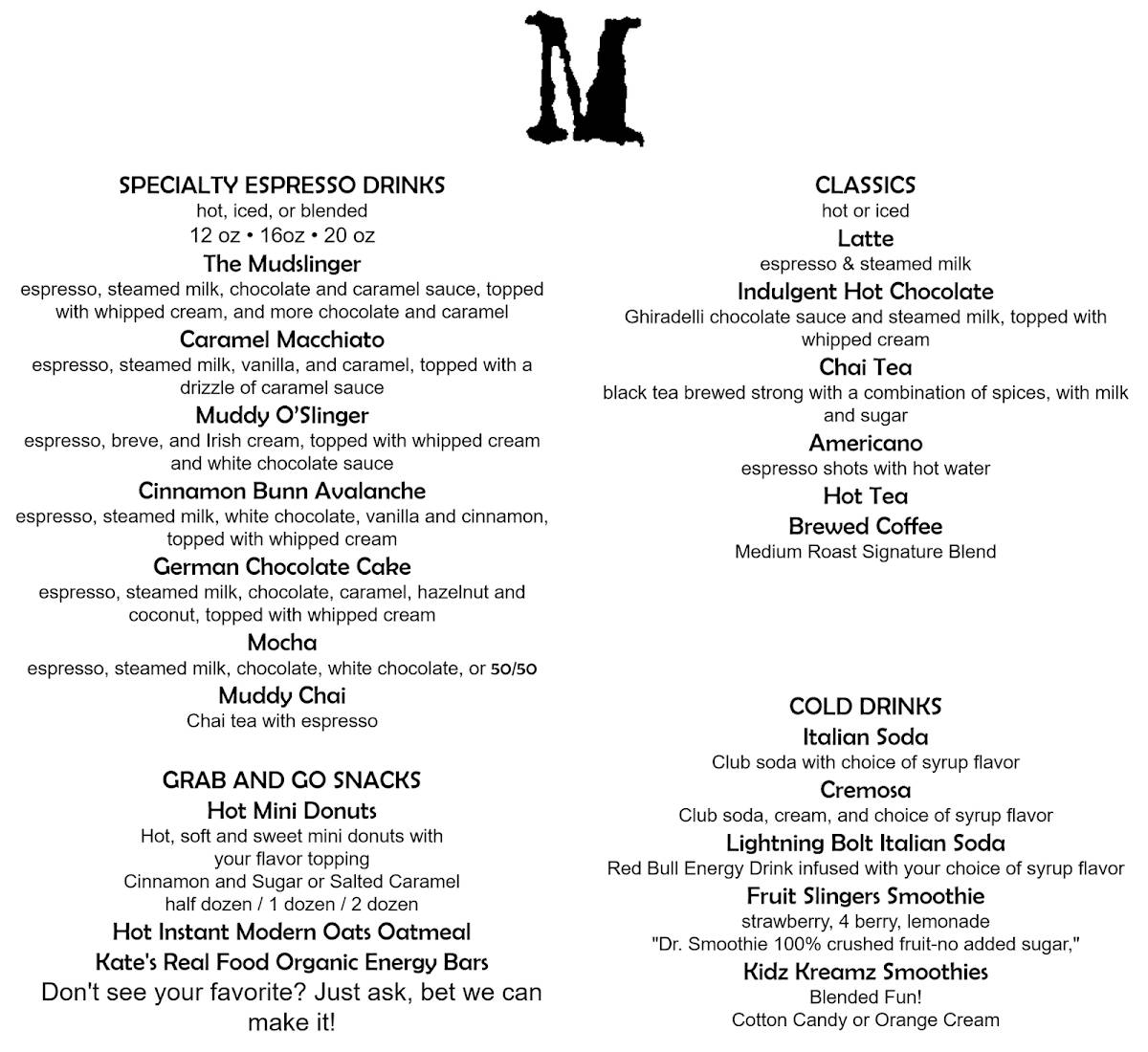 Menu at Mudslingers Drive-Thru Coffee pub & bar, San Antonio