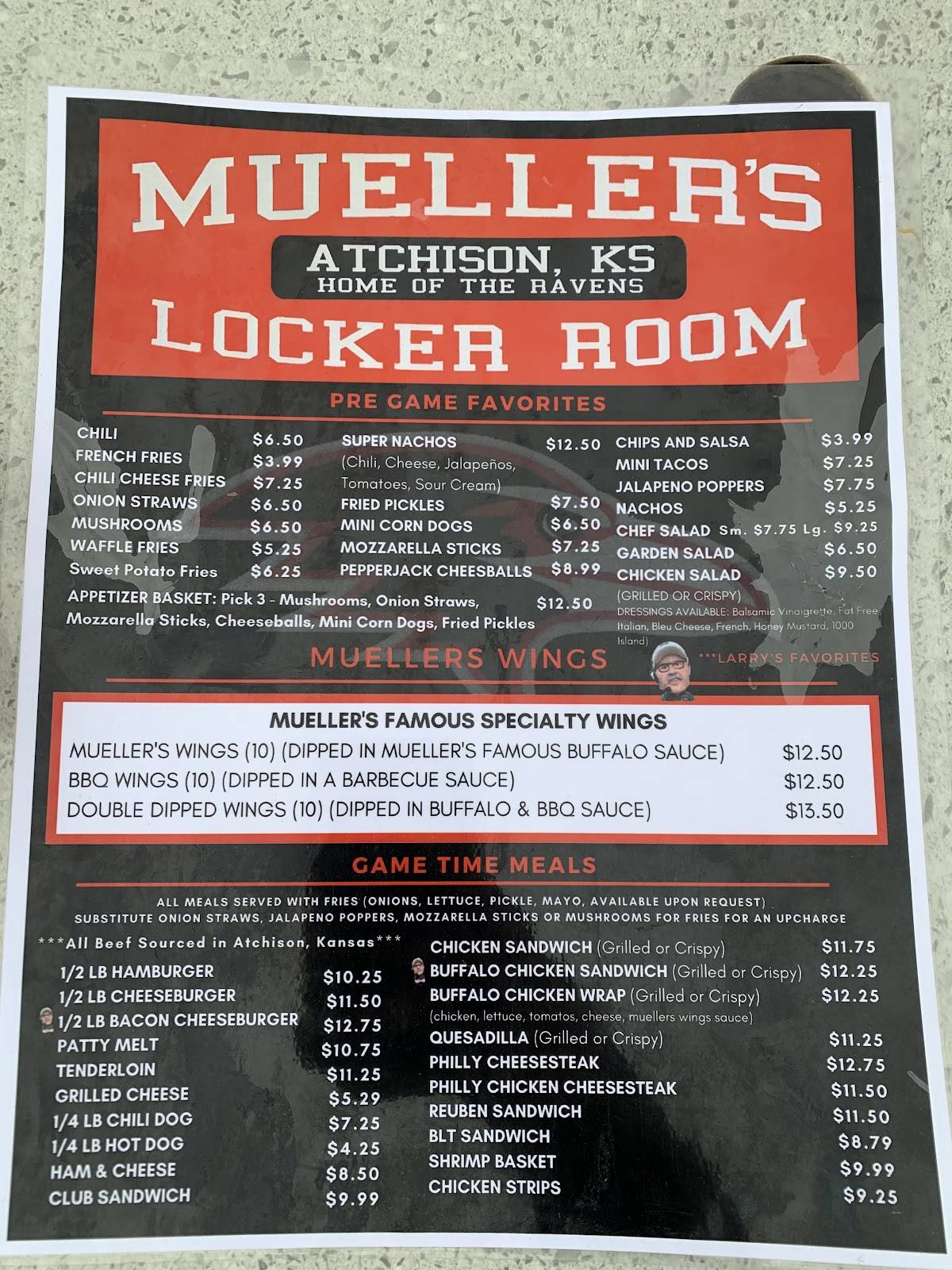Menu at Mueller's Lockeroom pub & bar, Atchison