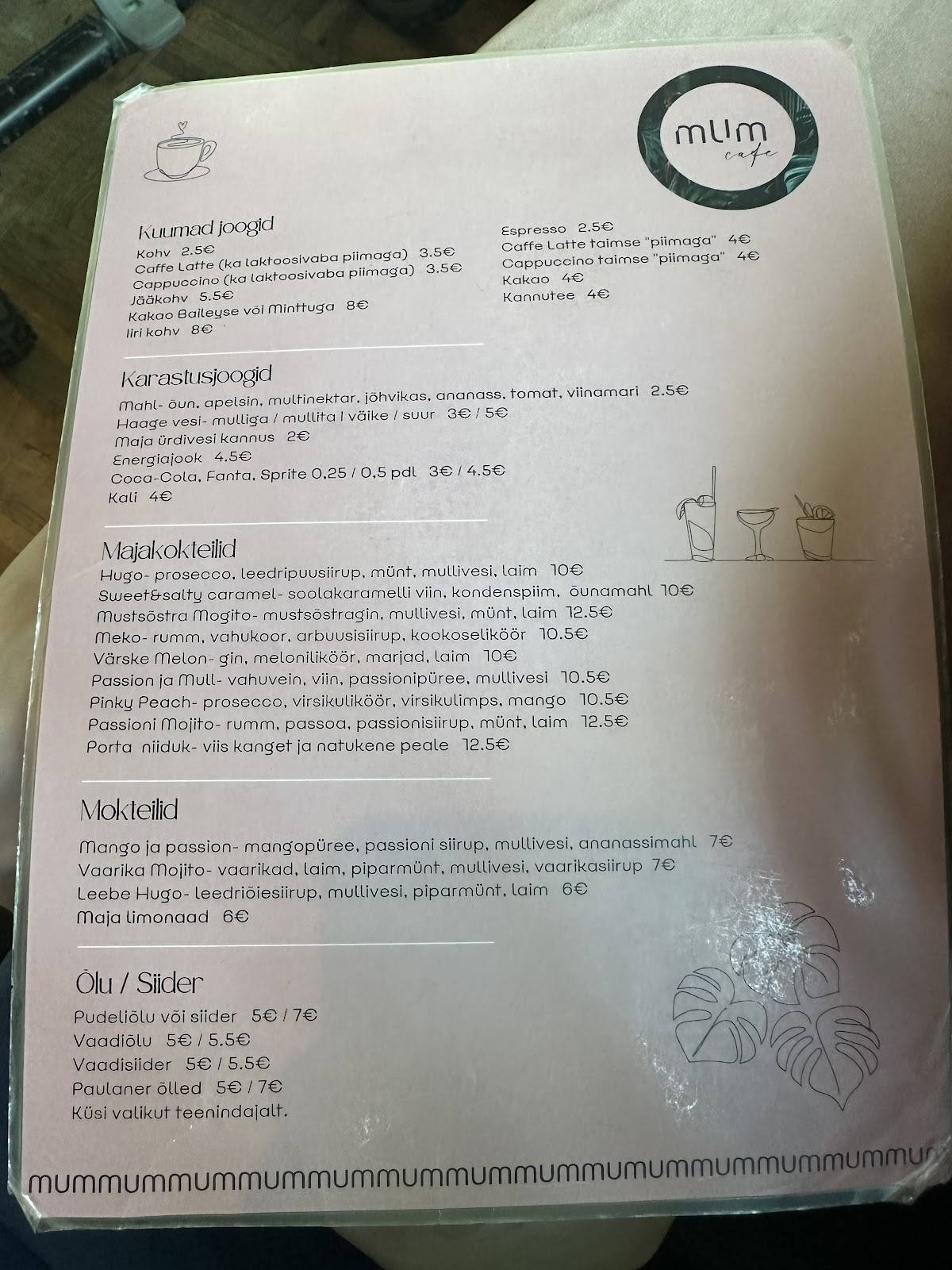 Menu at Mum Cafe, Pärnu, Lai tn 11