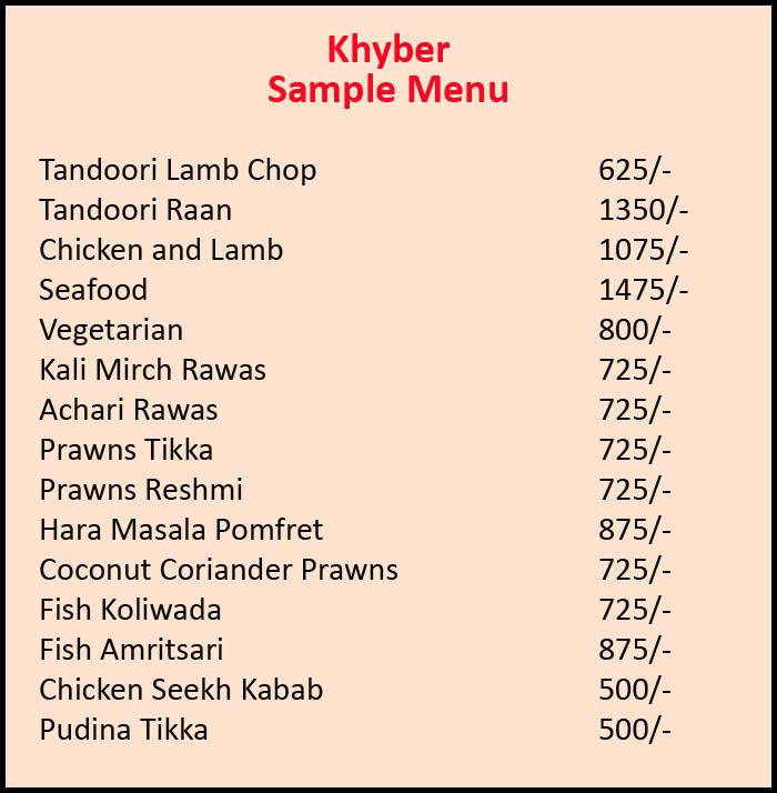 Menu at Khyber, Mumbai, 145