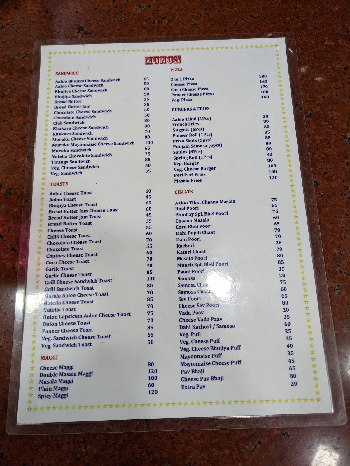 Menu at Munch, Chennai, 2/107