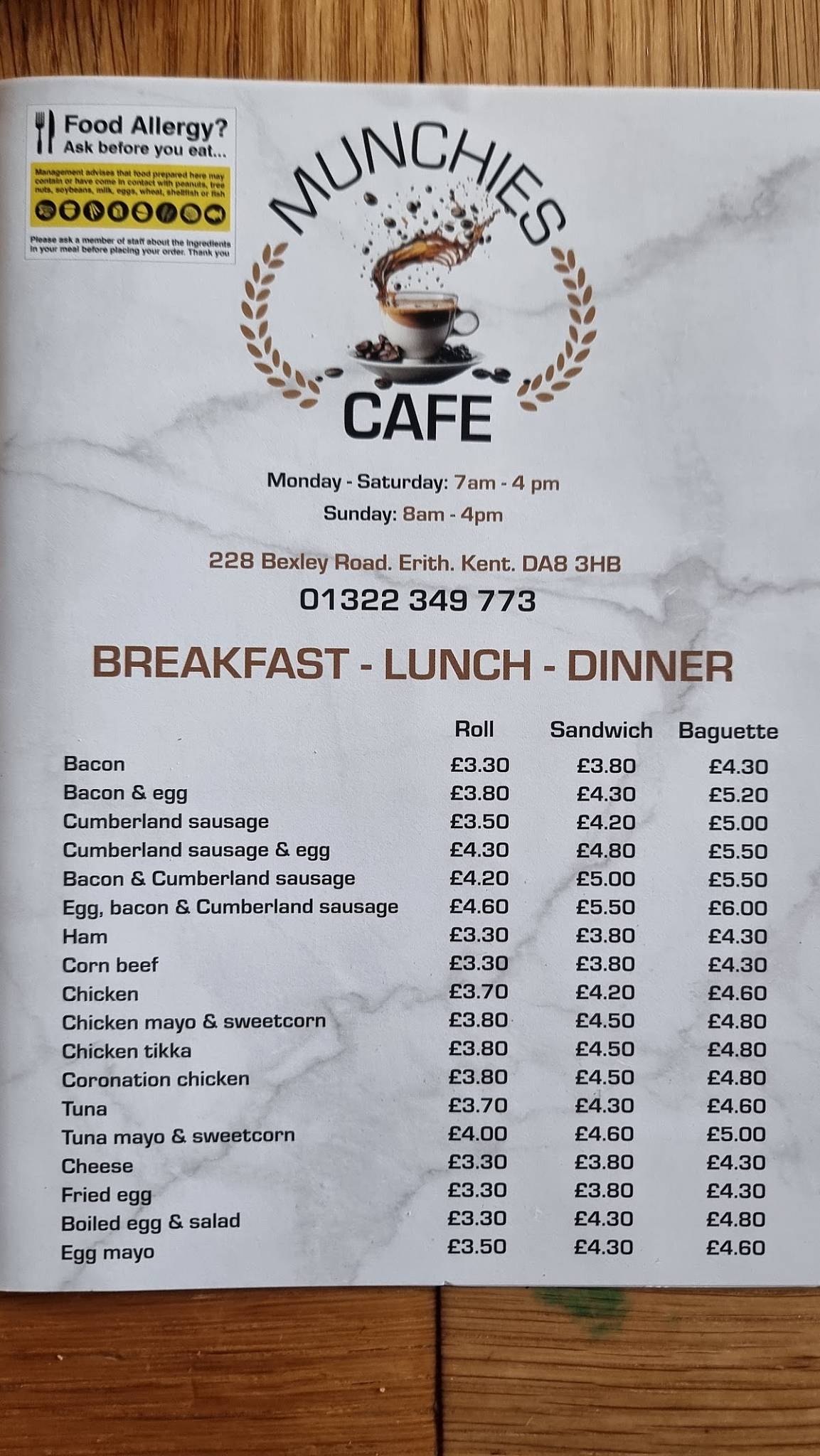 Menu at Munchies cafe, Erith, 228 Bexley Rd
