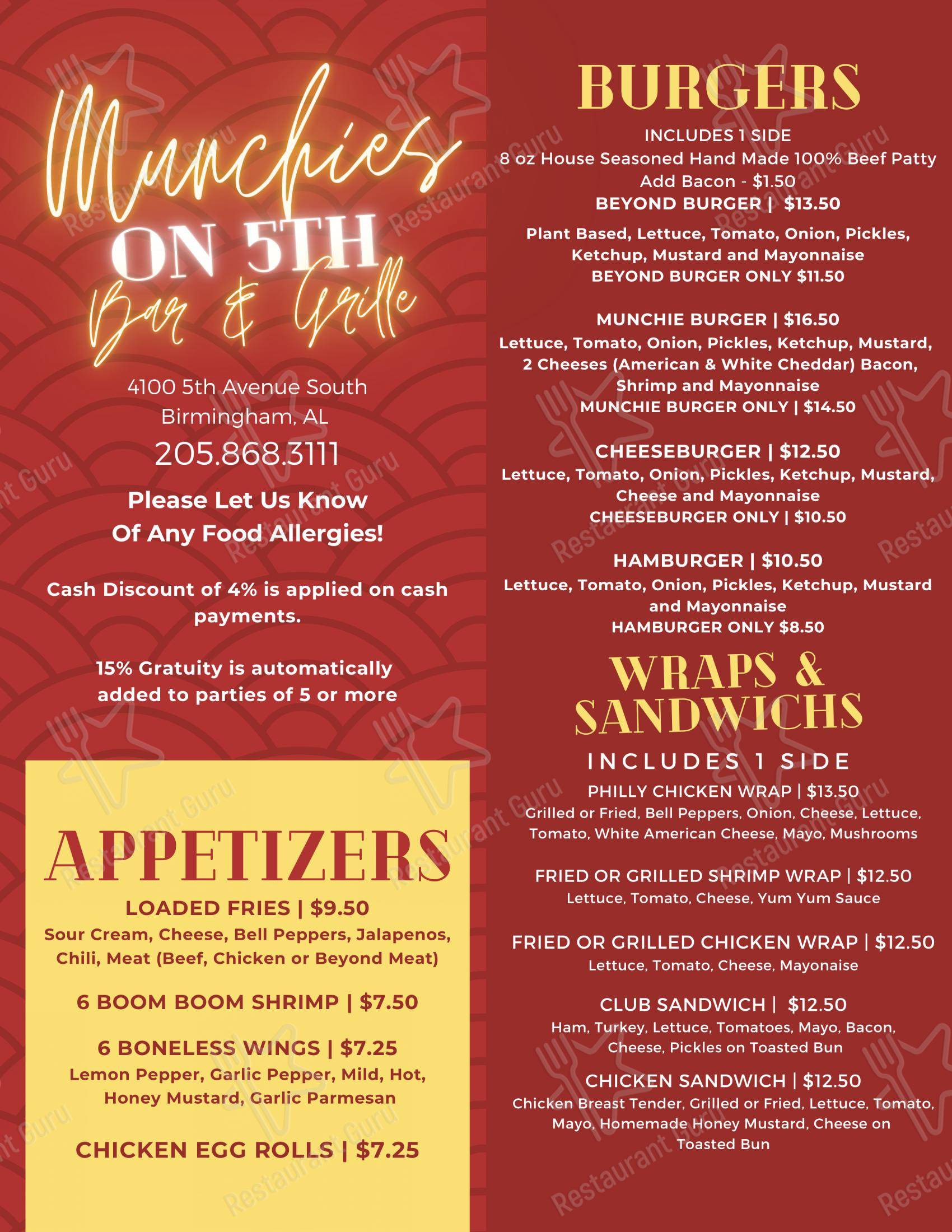 Carta del pub y bar Munchie's on 5th, Birmingham