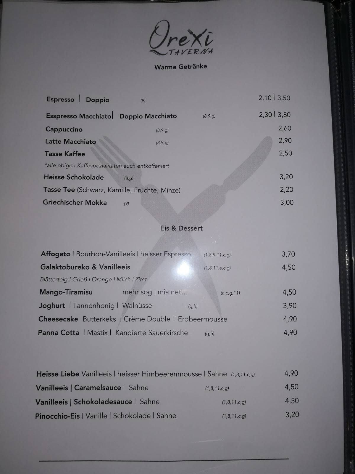 Carta del restaurante Taverna Orexi, Munich