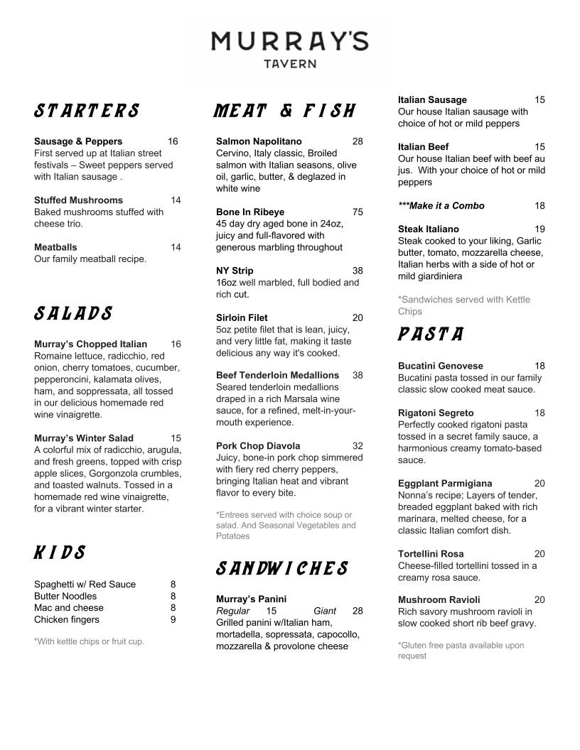 Menu at Murray's Tavern restaurant, Clifton