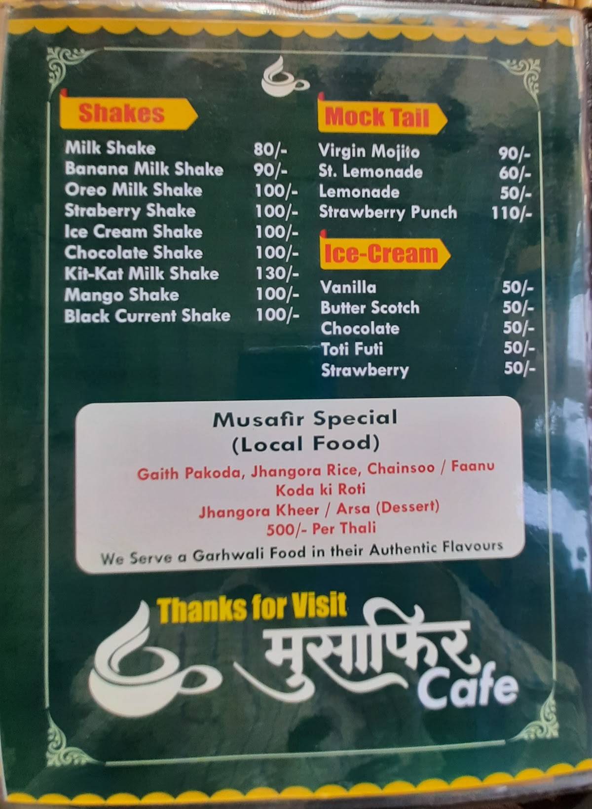Menu at Musafir Cafe, India, Fathepur