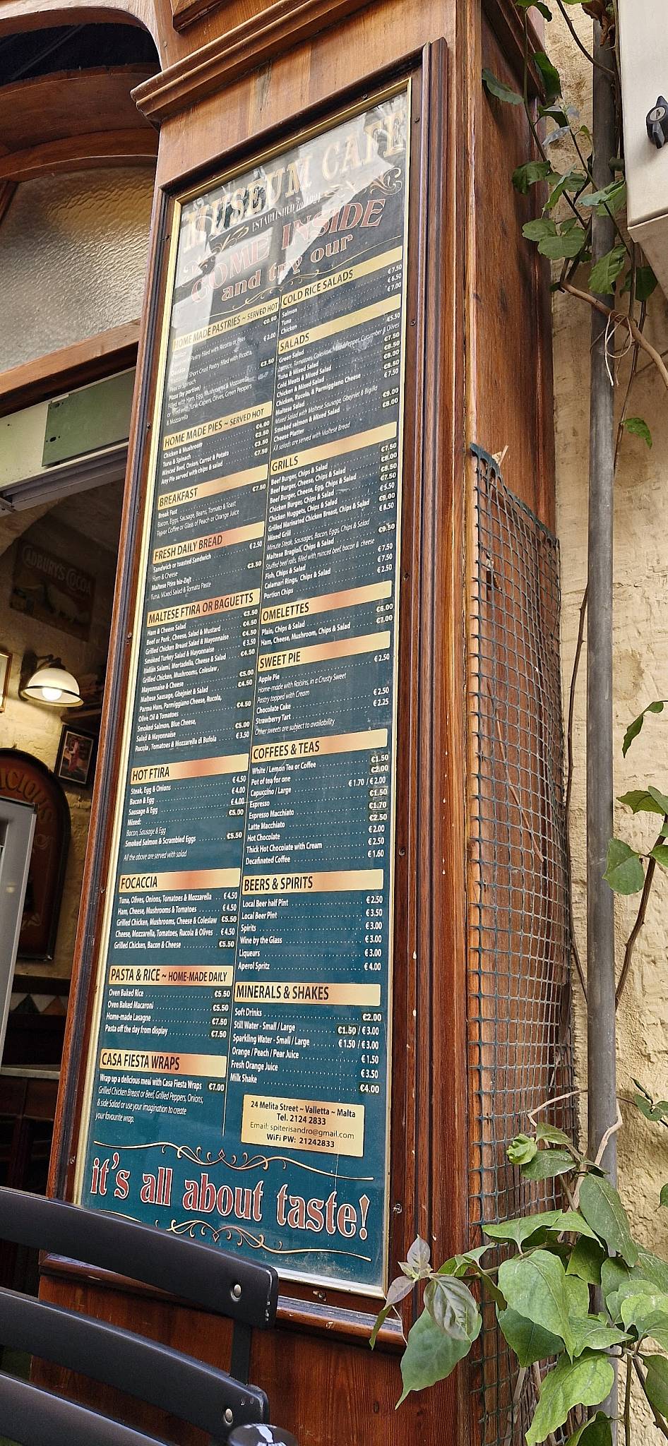 Menu at Museum Cafe, Valletta