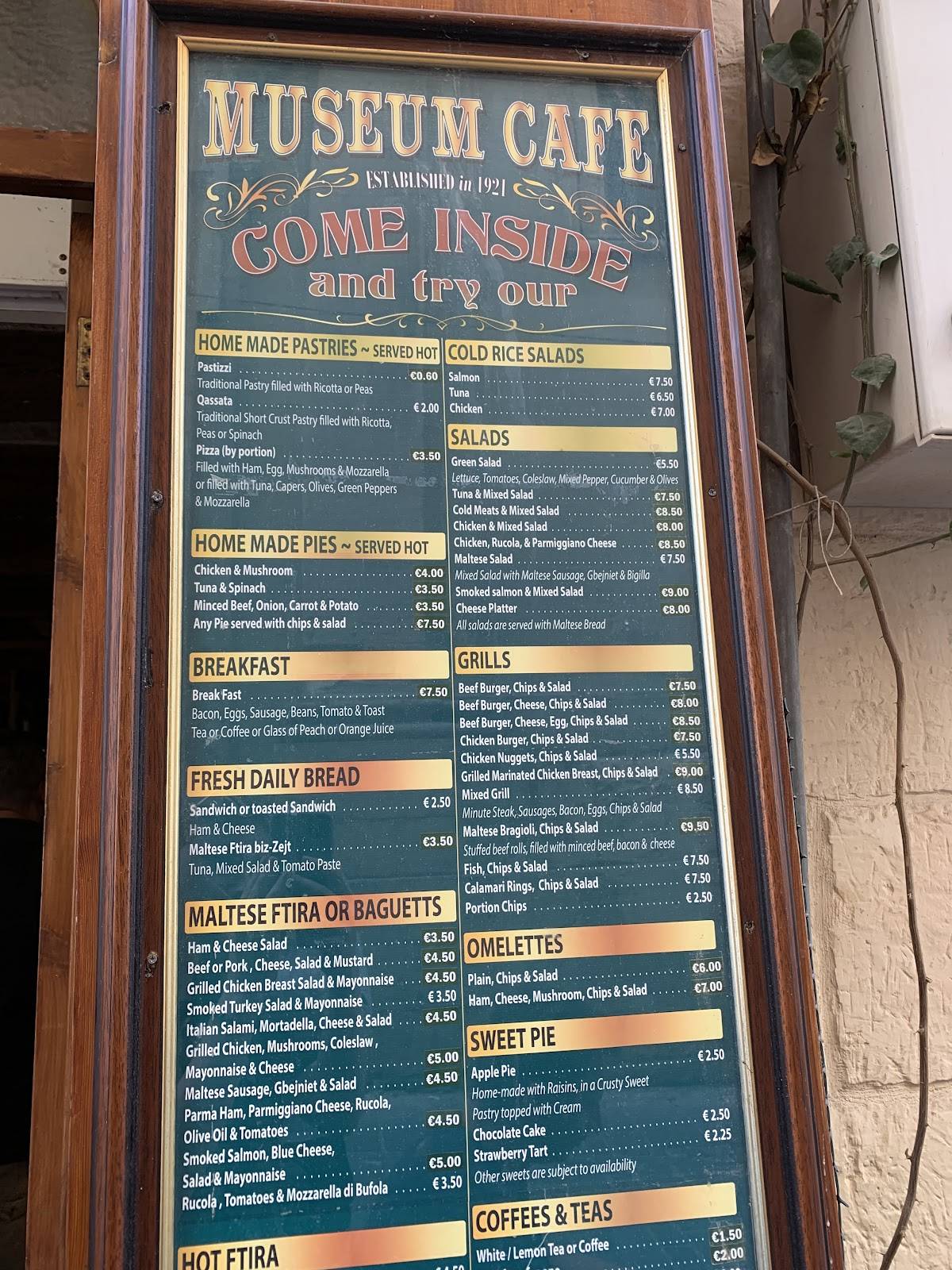 Menu at Museum Cafe, Valletta