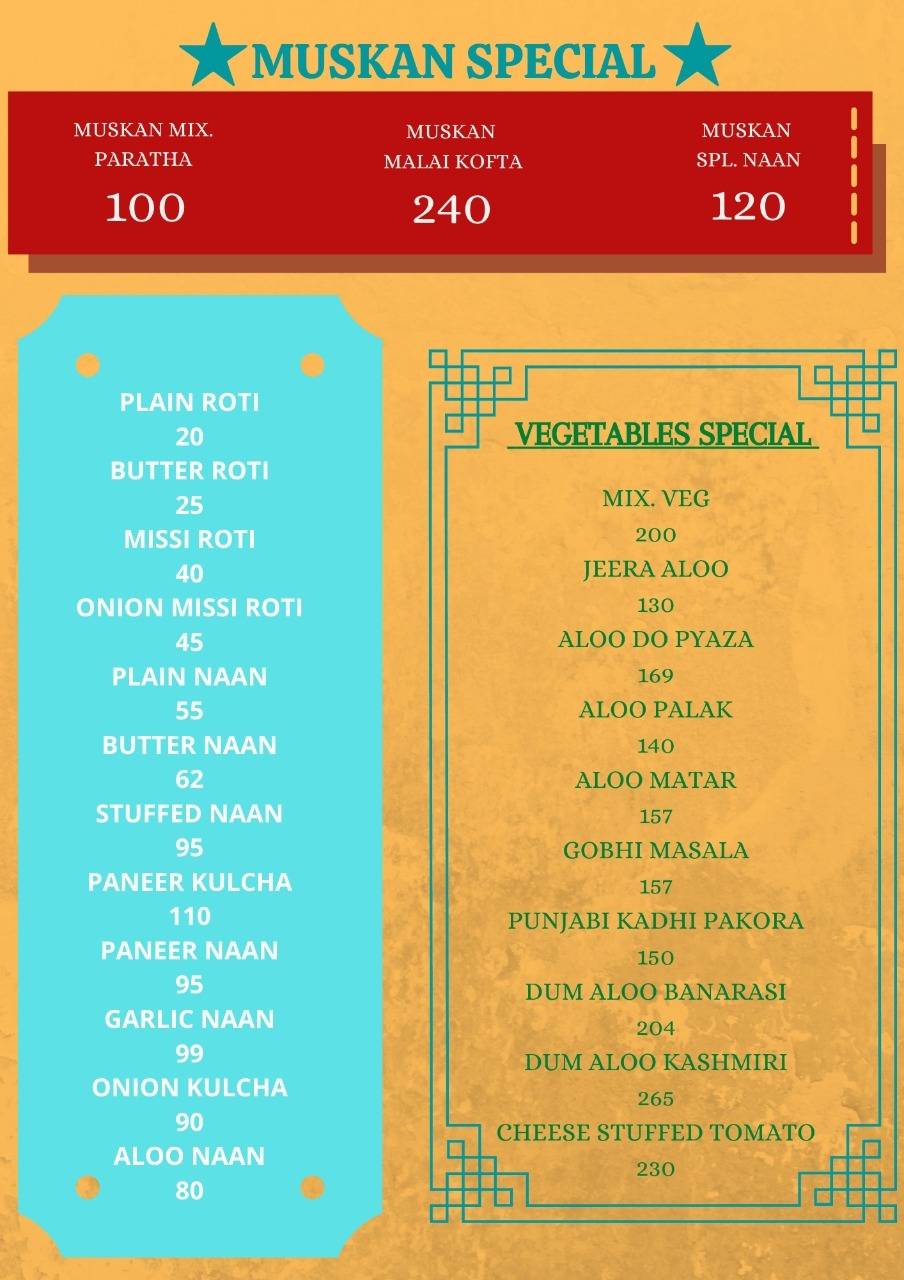 Menu at Muskan Hotel, Sidhrawali