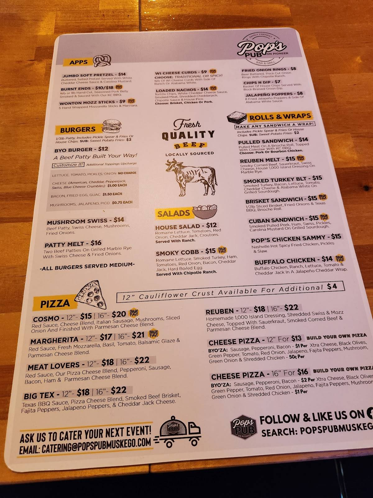 Menu at Pop's Pub on Pioneer, Muskego