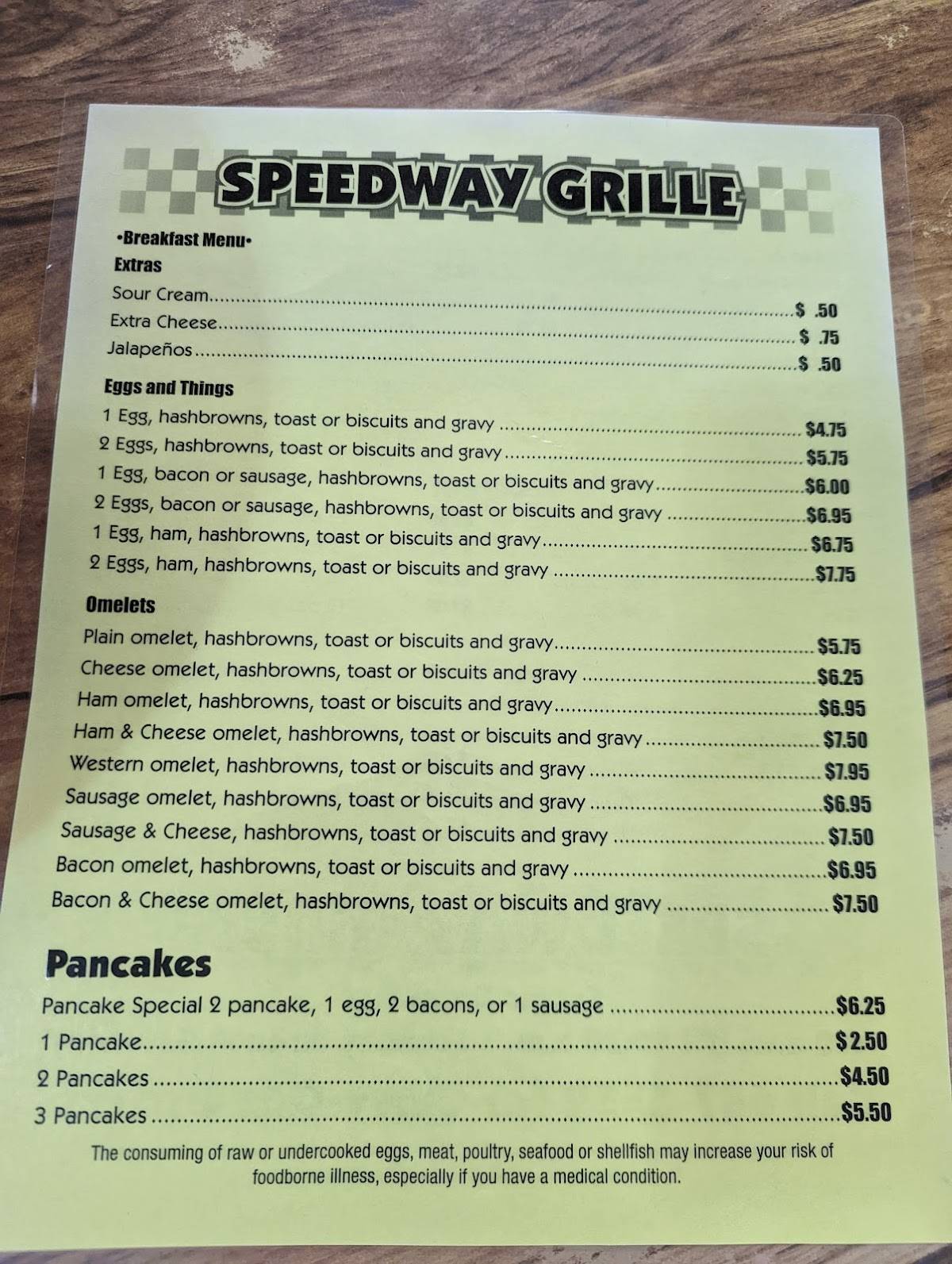 Menu at Speedway Grille restaurant, Muskogee