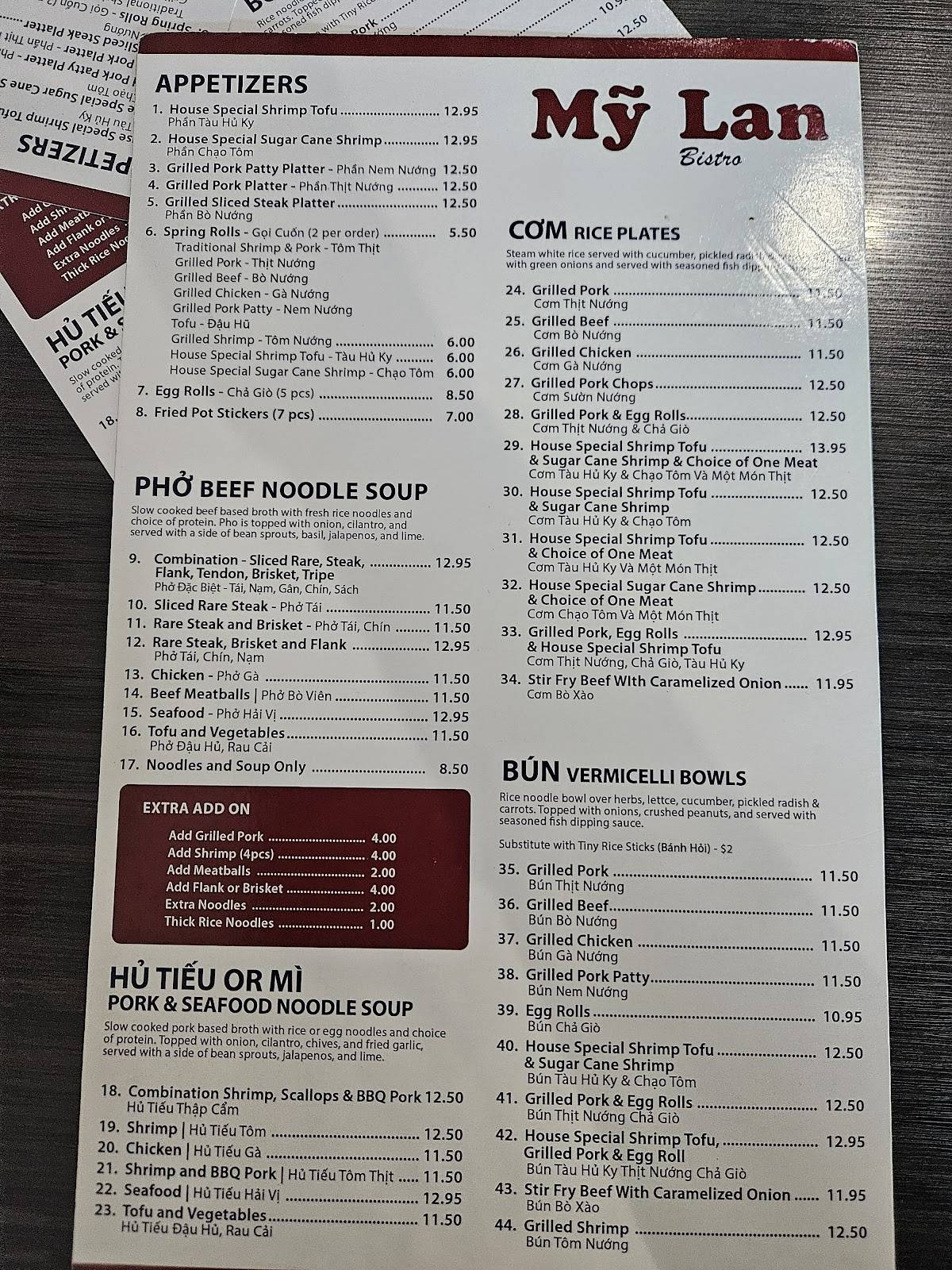 Menu at My Lan Bistro restaurant, Fort Worth