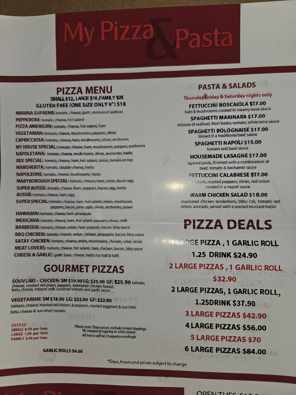 Menu at My Pizza & Pasta pizzeria, Maryborough